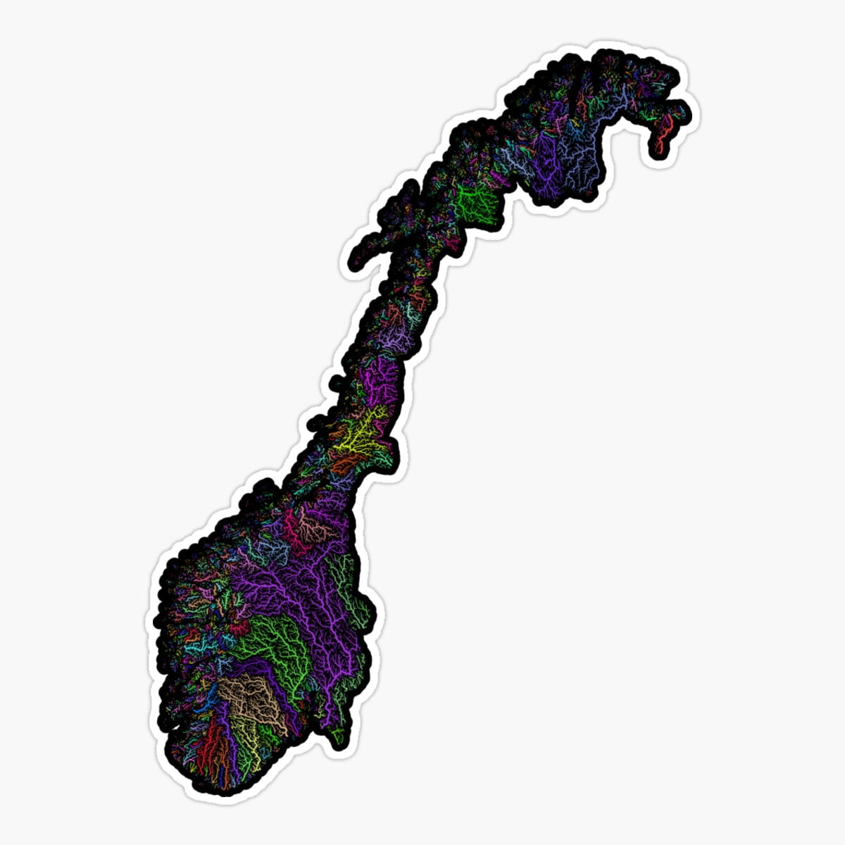 Maneki Norway River Basin Map In Rainbow Colours With Black Background ...