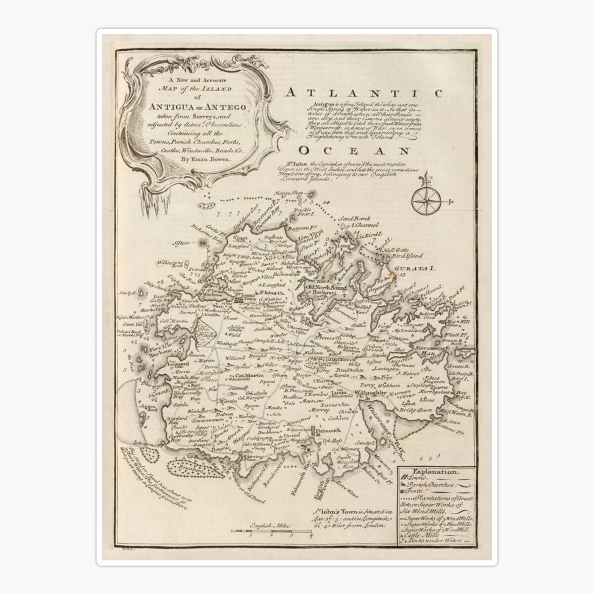 Maneki Old Antigua Map (1747) Vintage Waladli Island Atlas Sticker ...