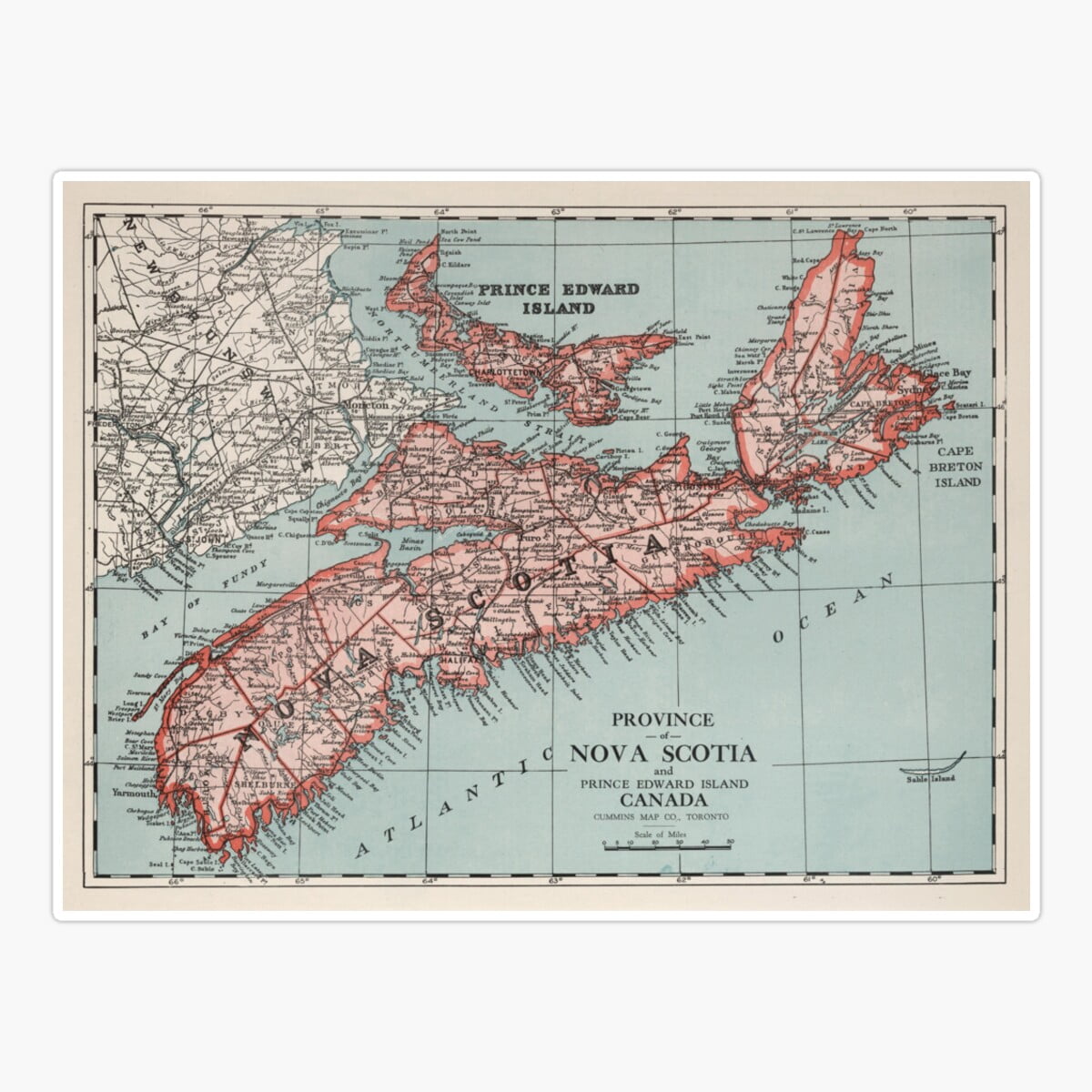 Maneki Old Nova Scotia Canada Map (1925) Vintage Canadian Province ...