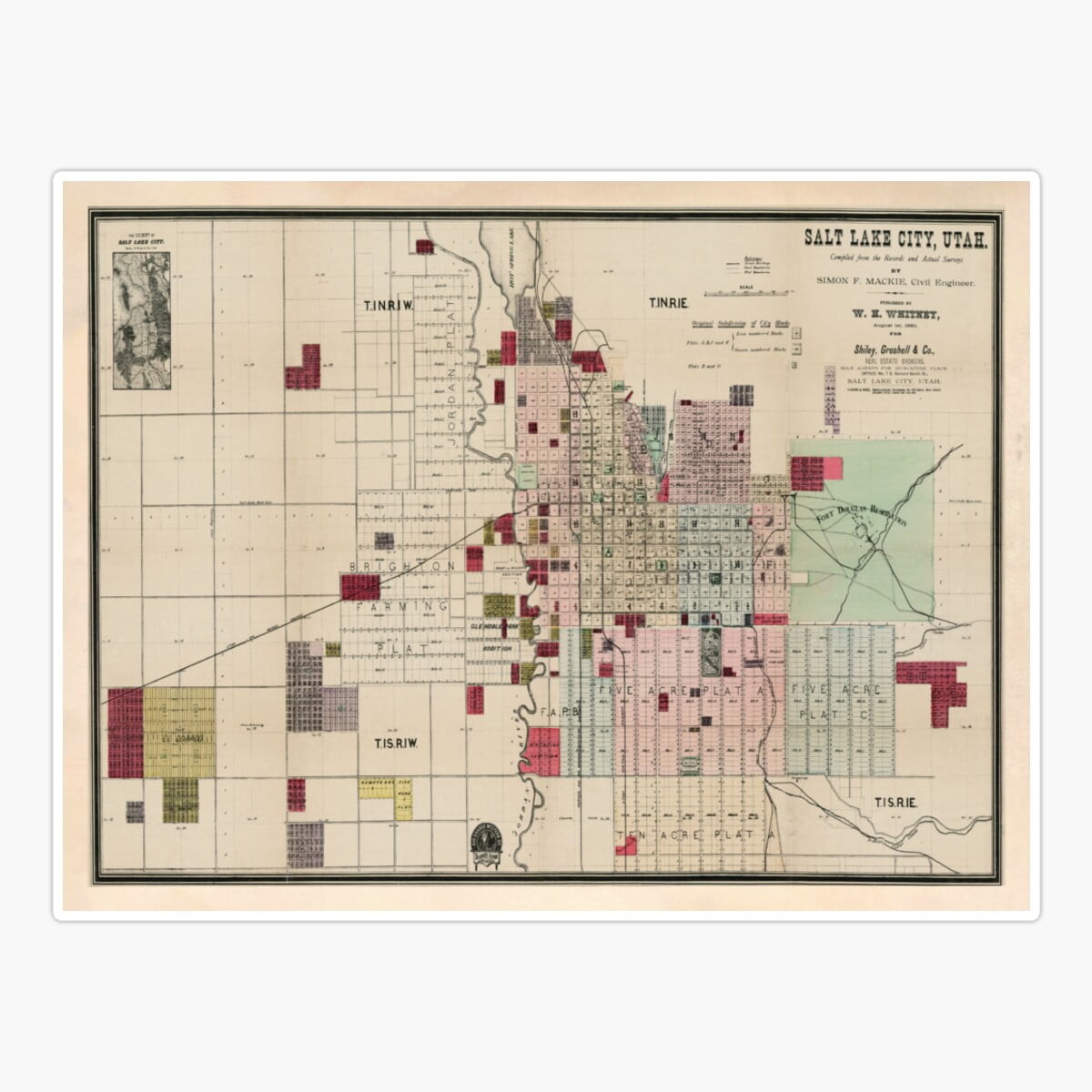 Maneki Old Salt Lake City Ut Map (1889) Vintage Slc Utah City & Street ...