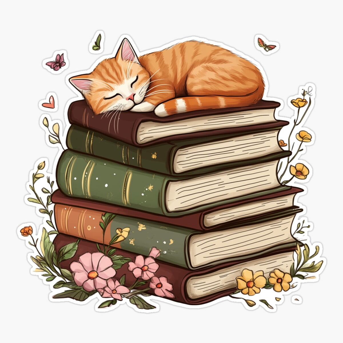 Maneki Orange Cat On Stack O Books Sticker, Phone Decal Water Bottle ...