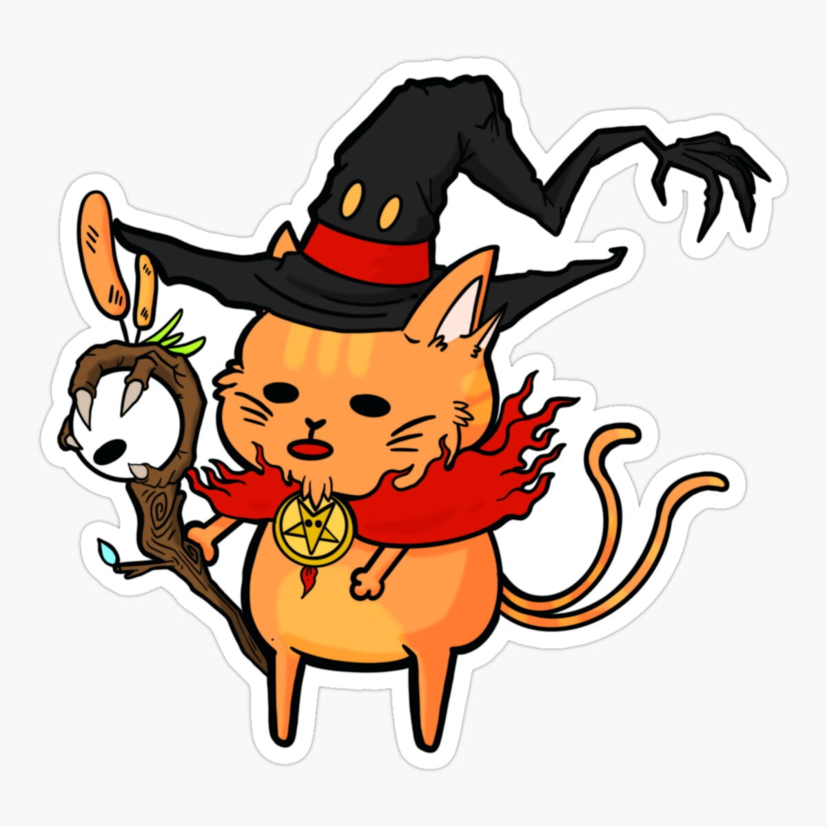 Maneki Orange Wizard Cat With Two Tails Our Ears And Eye Sta Sticker ...