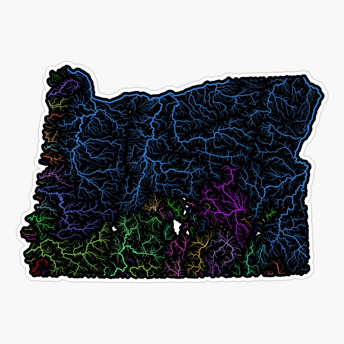 Maneki Oregon River Basin Map In Rainbow Colours With Black Background ...