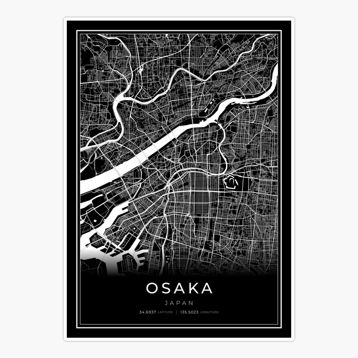 Maneki Osaka Japan Black City Map Sticker, Phone Decal Water Bottle ...