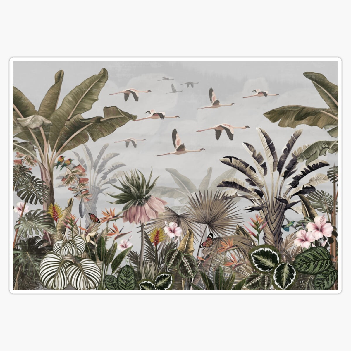 Maneki Pattern Tropical Forest Wallpaper With Palm Trees, Plants, Birds ...