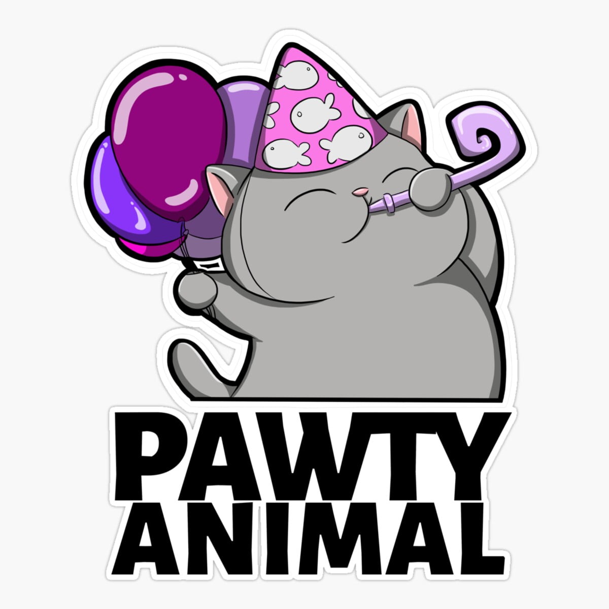Maneki Pawty Animal - Grey Cat Partying With Party Hat And Purple ...