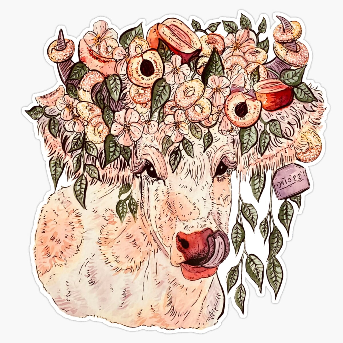 Maneki Peach And Peach Ring Cow Watercolor Painting Illustration Er ...