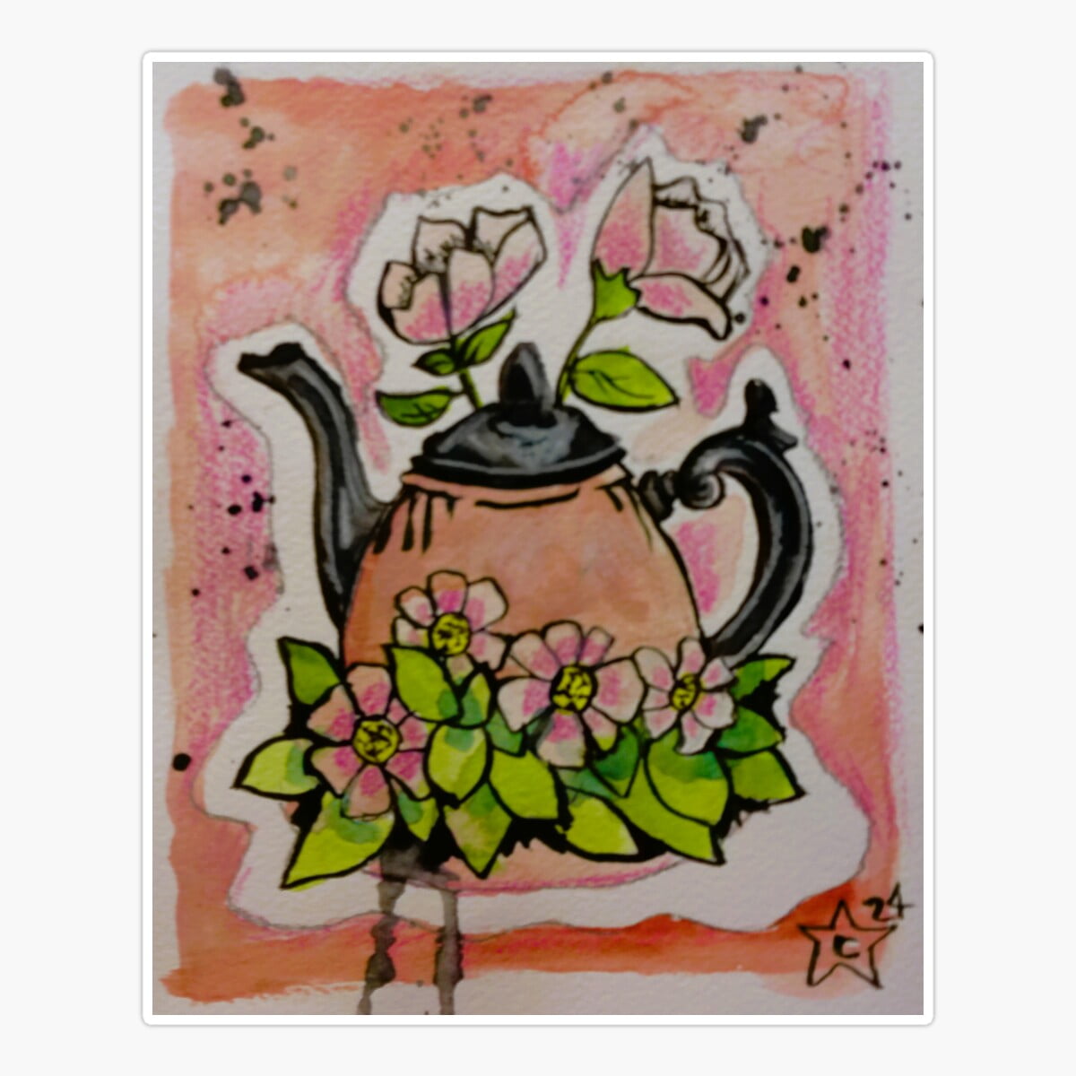 Maneki Pink Teapot With Flowers Er, Phone Decal Water Bottle Stickers ...