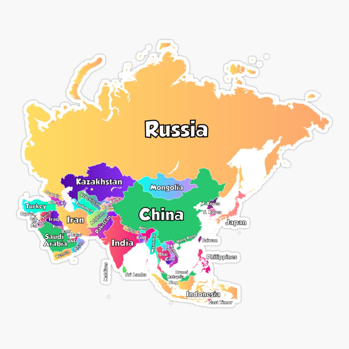 Maneki Political Map O Asia With Boundaries And Countries Names Sticker, Phone Decal Water ...
