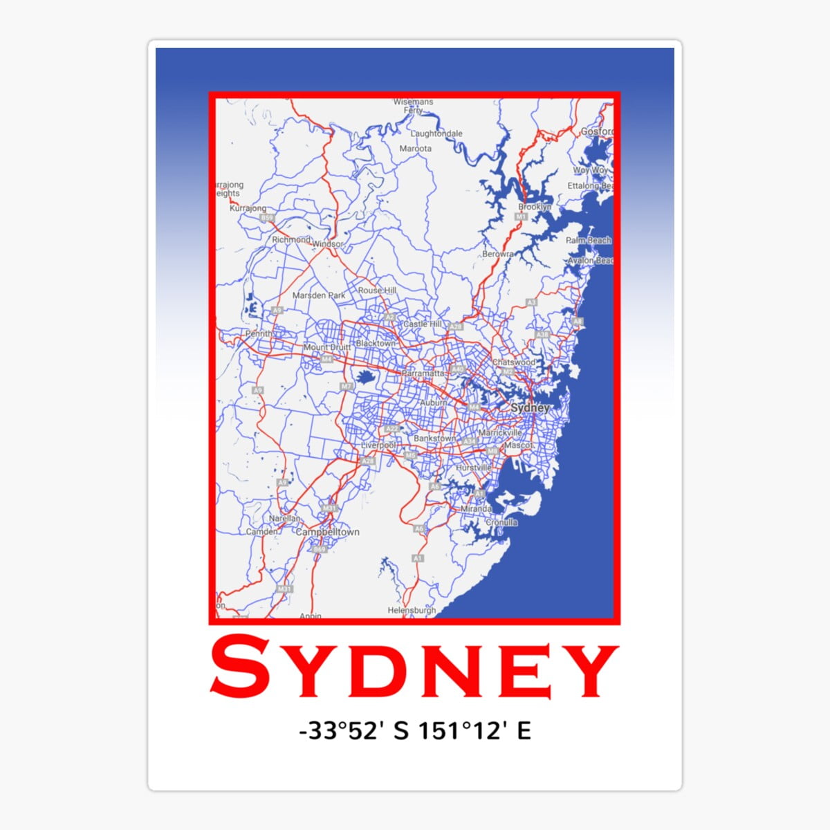 Maneki Poster Map O Sydney Sticker, Phone Decal Water Bottle Stickers ...
