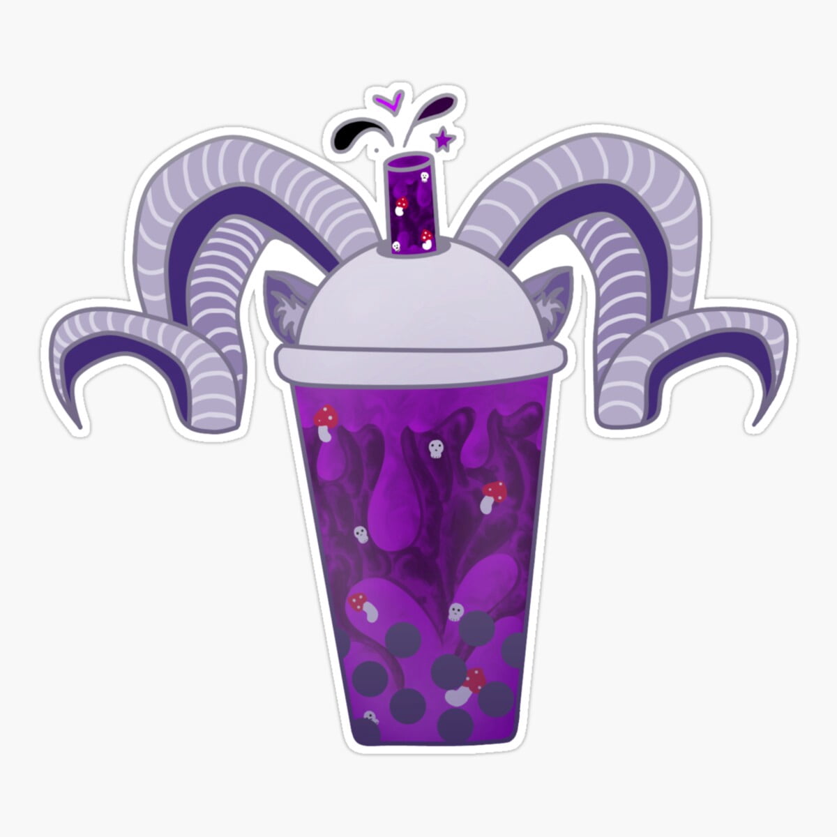 Maneki Purple Ram With Mushrooms And Skulls Boba Drink Er, Phone Decal ...