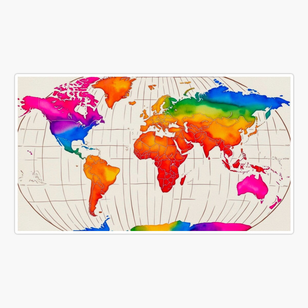 Maneki Rainbow Watercolor World Map Sticker, Phone Decal Water Bottle ...