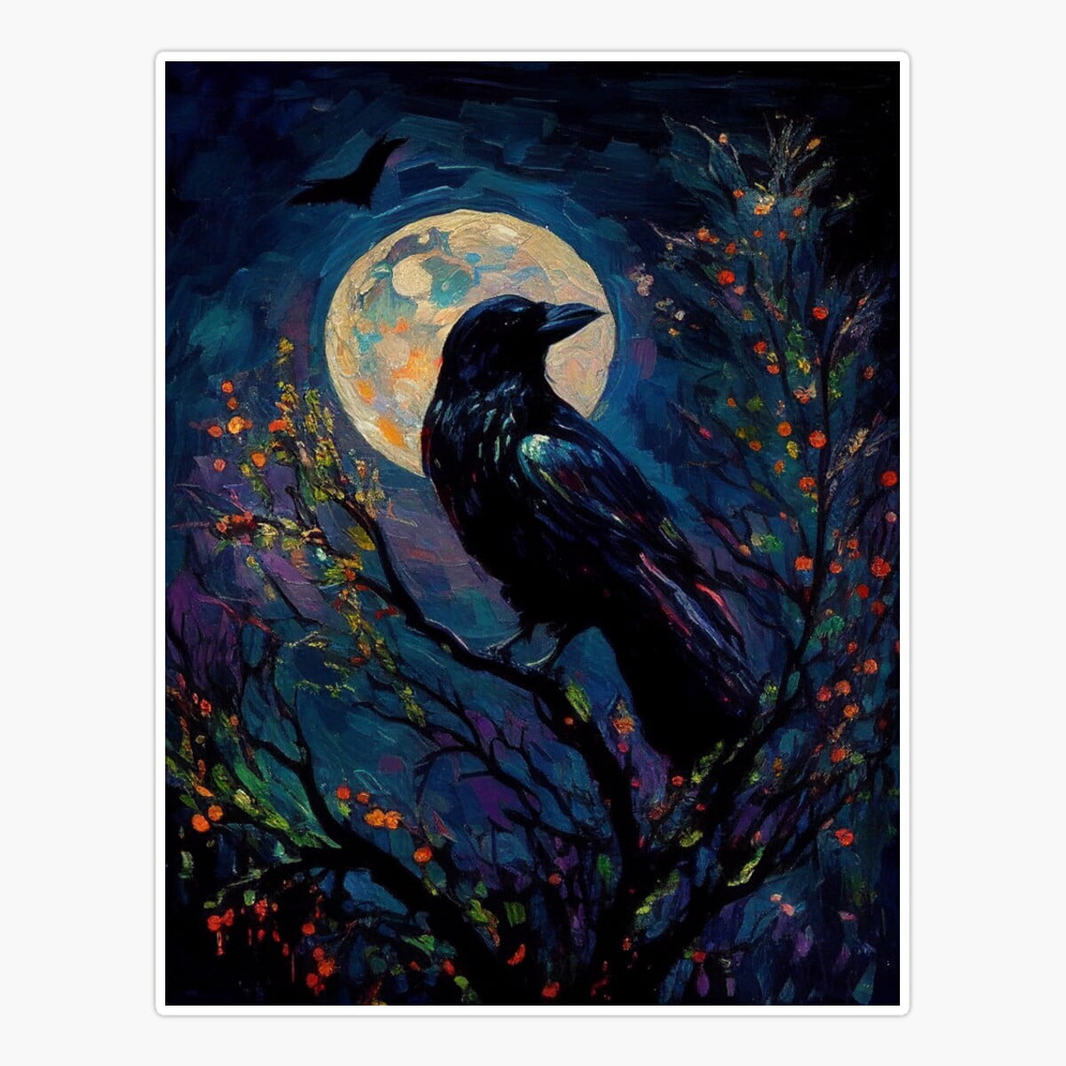 Maneki Raven Full Moon Painting Sticker, Phone Decal Water Bottle ...
