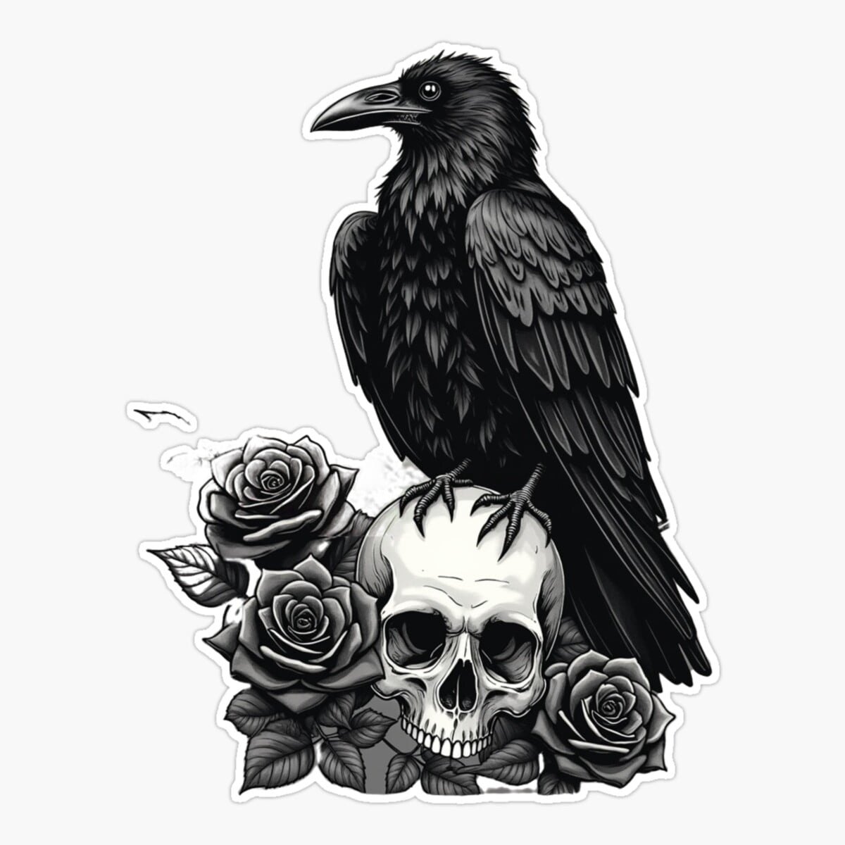 Maneki Raven On Skull With Roses – Gothic Dark Art & Macabre Design Er ...