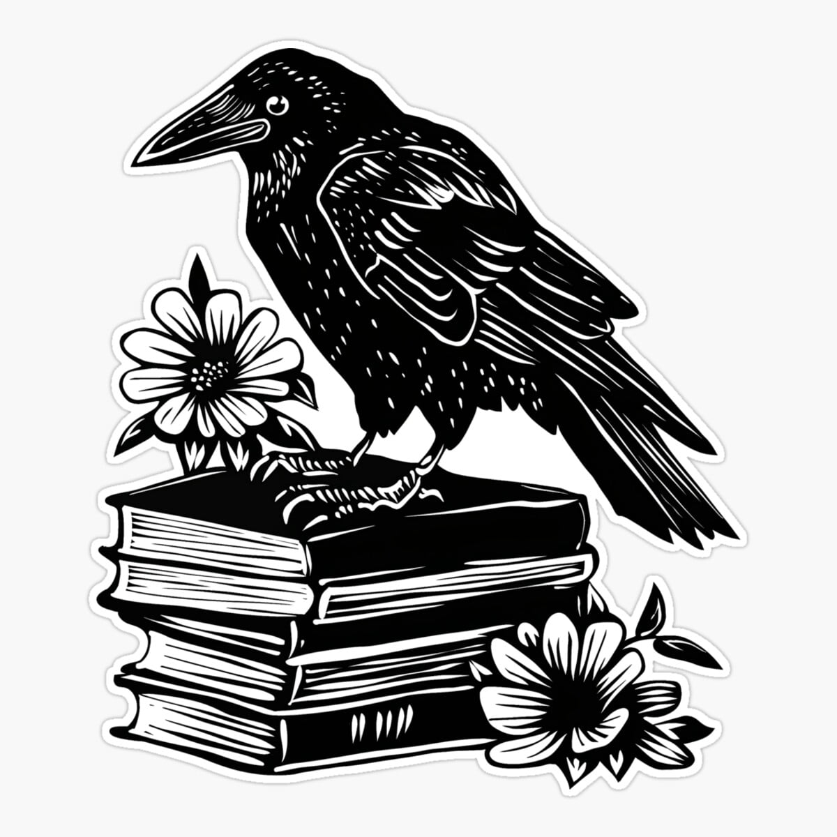 Maneki Raven On The Books With Flowers Sticker, Phone Decal Water ...