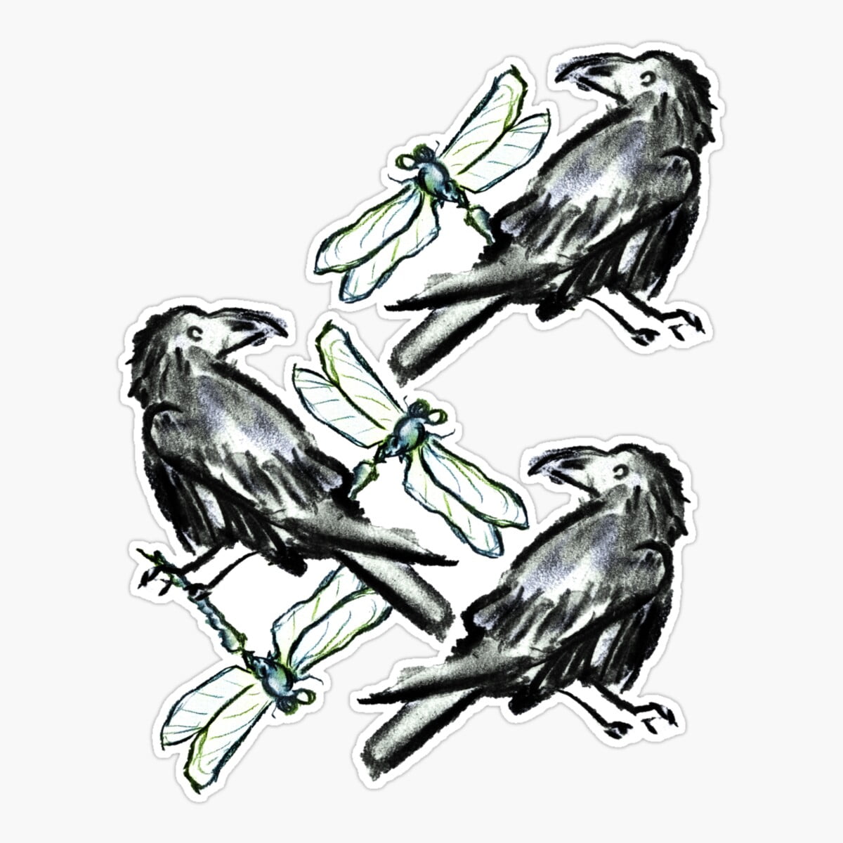 Maneki Ravens And Dragonflys, Cottagecore Charcoal Drawing Sticker ...