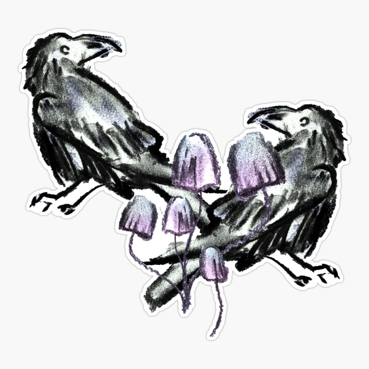 Maneki Ravens And Purple Mushrooms, Cottagecore Charcoal Drawing ...