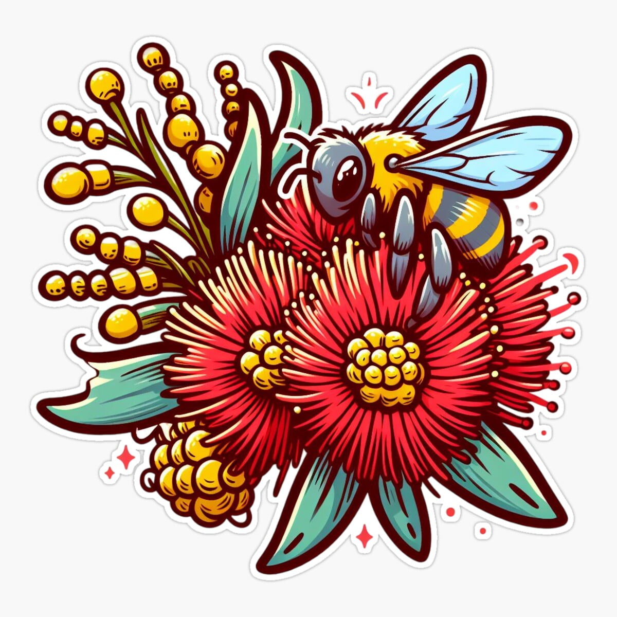 Maneki Red Bee And Wattle Acacia Flower Illustration Sticker, Phone ...