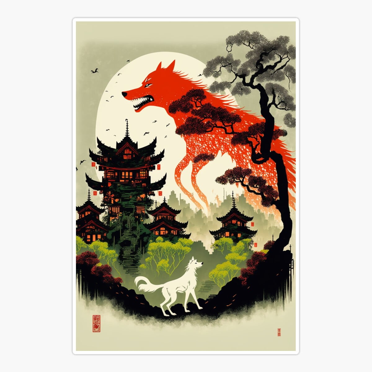 Maneki Red Fox Of Japan Sticker, Phone Decal Water Bottle Stickers Car ...