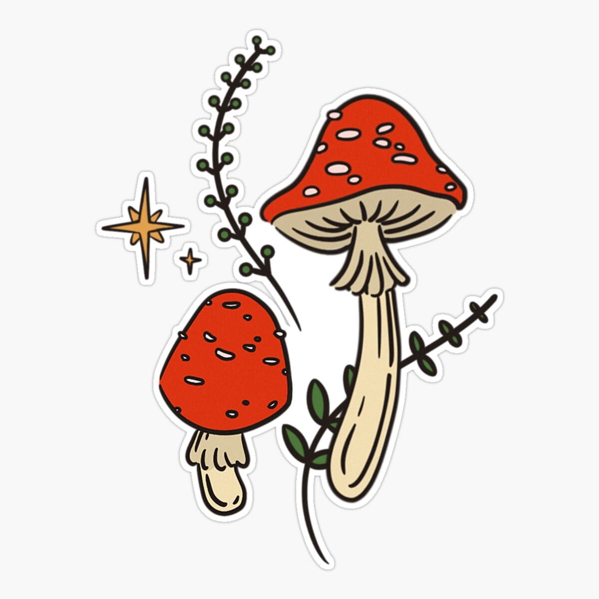 Maneki Red Mushroom, Leaves, And Stars Sticker, Phone Decal Water ...