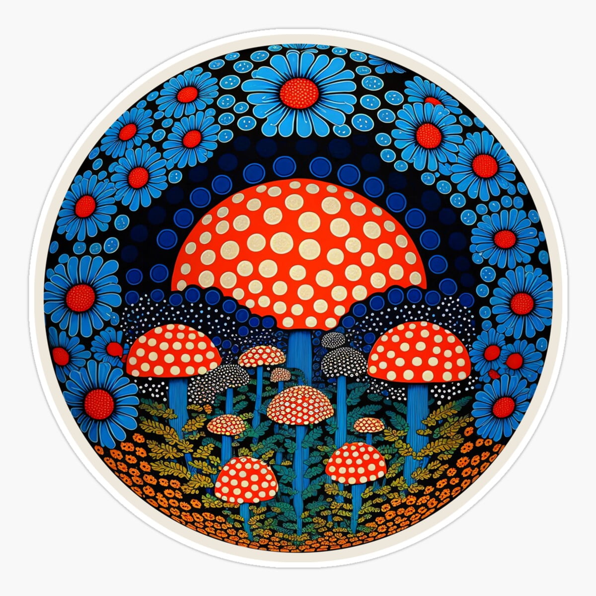 Maneki Red Mushrooms And Blue Flowers, Polka Dot, Kusama Sticker, Phone ...