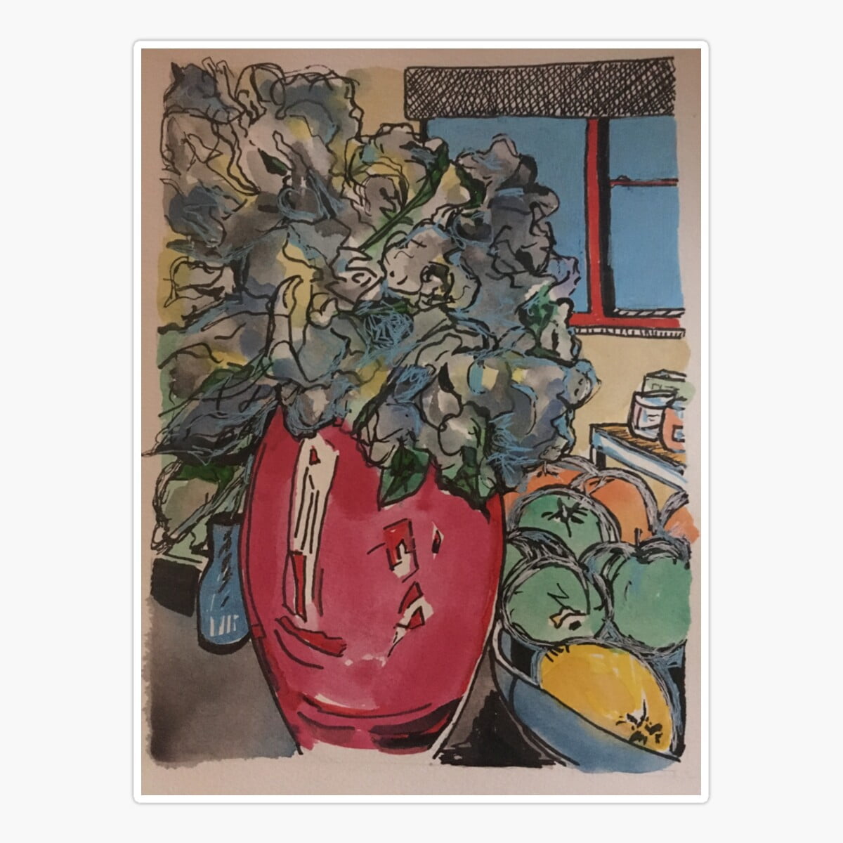 Maneki Red Vase And Ruit On The Kitchen Bench Sticker, Phone Decal ...