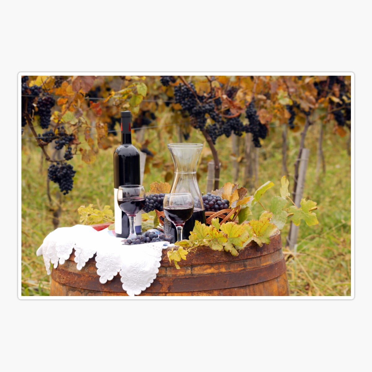 Maneki Red Wine And Grape On Wooden Barrel Er, Phone Decal Water Bottle ...