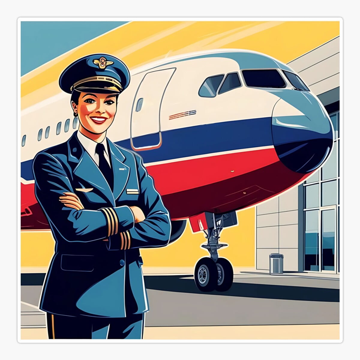 Maneki Retro Airliner Illustration - Smiling Female Pilot Sticker ...
