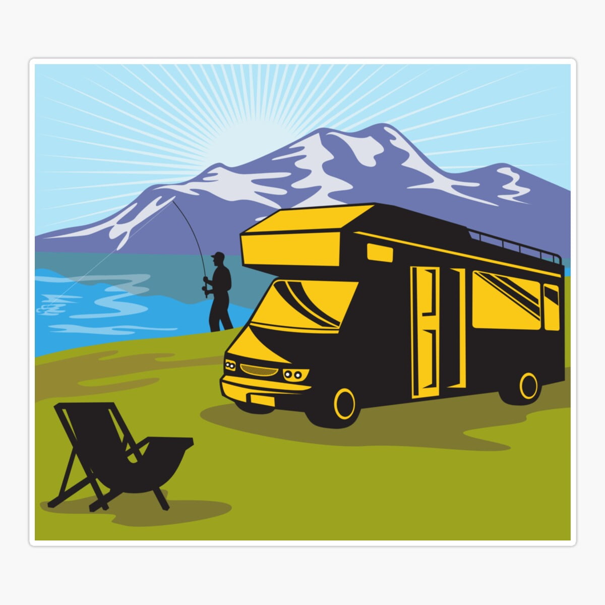 Maneki Retro Camping Isherman With Lake And Mountains Behind With ...