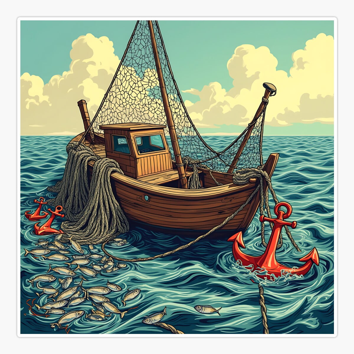 Maneki Retro Isherman Boat Poster - Nautical Comic Art Print Er, Phone ...