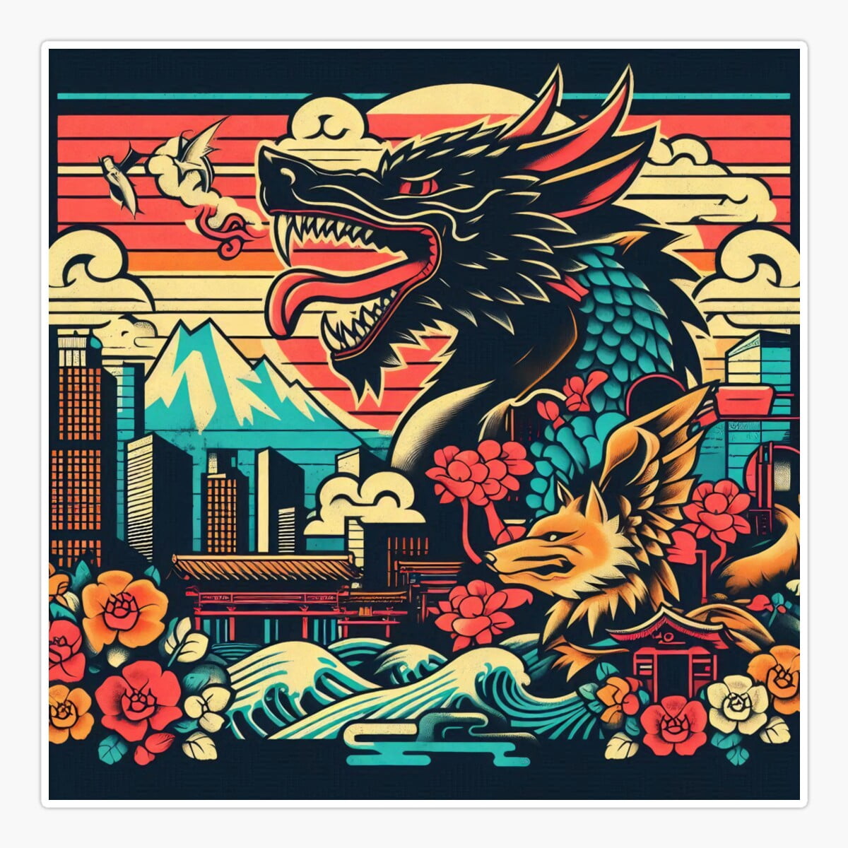 Maneki Retro Japanse Dragon Image, Mount Fuji Sticker, Phone Decal ...