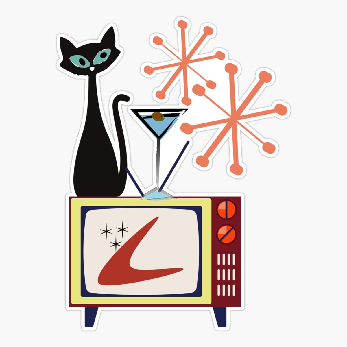 Maneki Retro Kitty Sitting On A Vintage Telly With His Cocktail Sticker ...