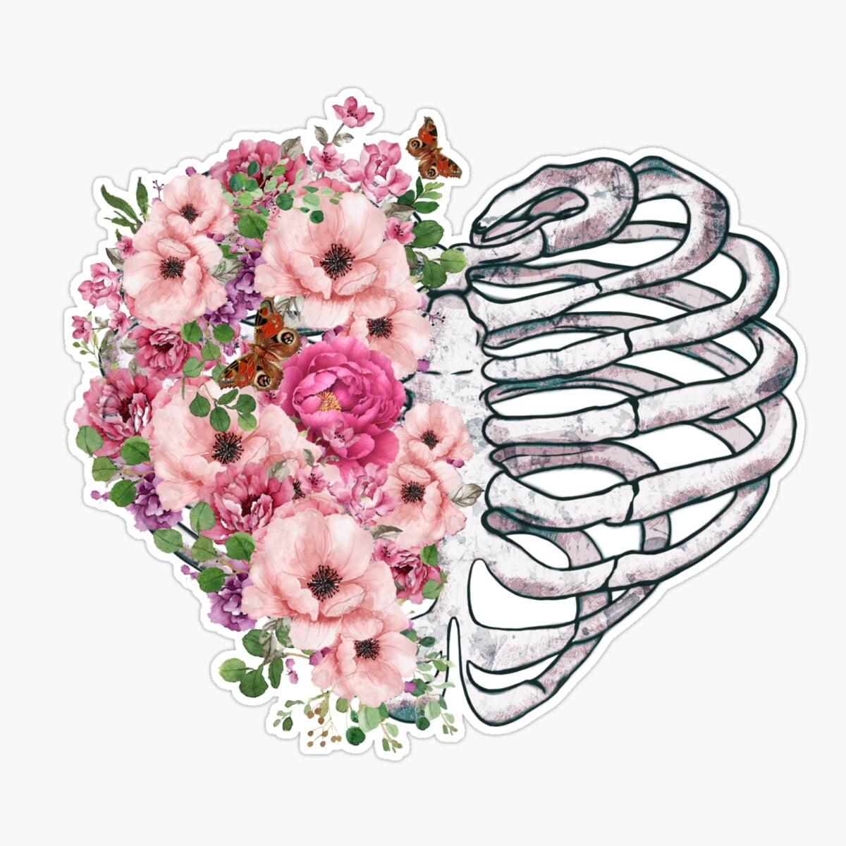 Maneki Rib Cage Heart Shape And Pink Roses, Rib Cage, Anatomy Heart ...