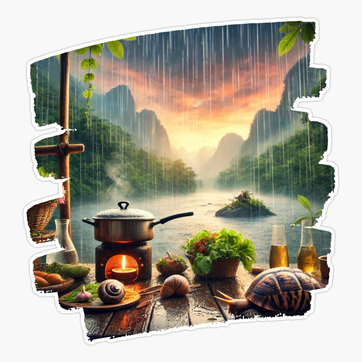Maneki Riverside Rainy Cooking Scene With Snail And Turtle Sticker ...
