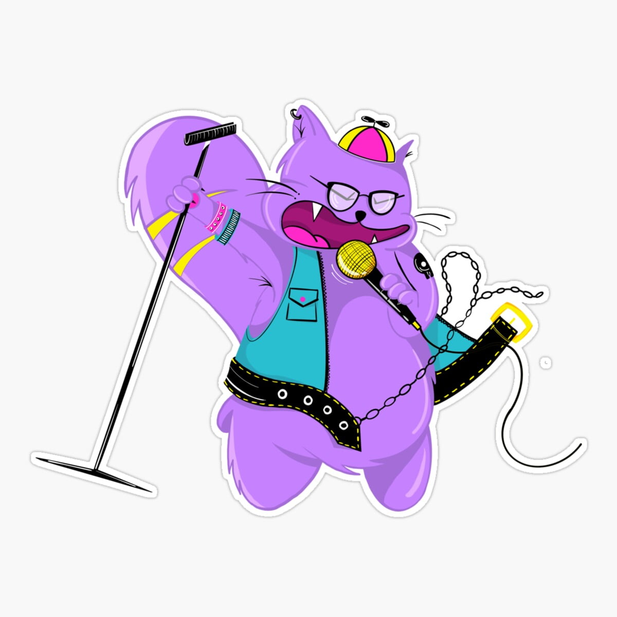Maneki Rockstar Purple Cat With Microphone Sticker, Phone Decal Water ...