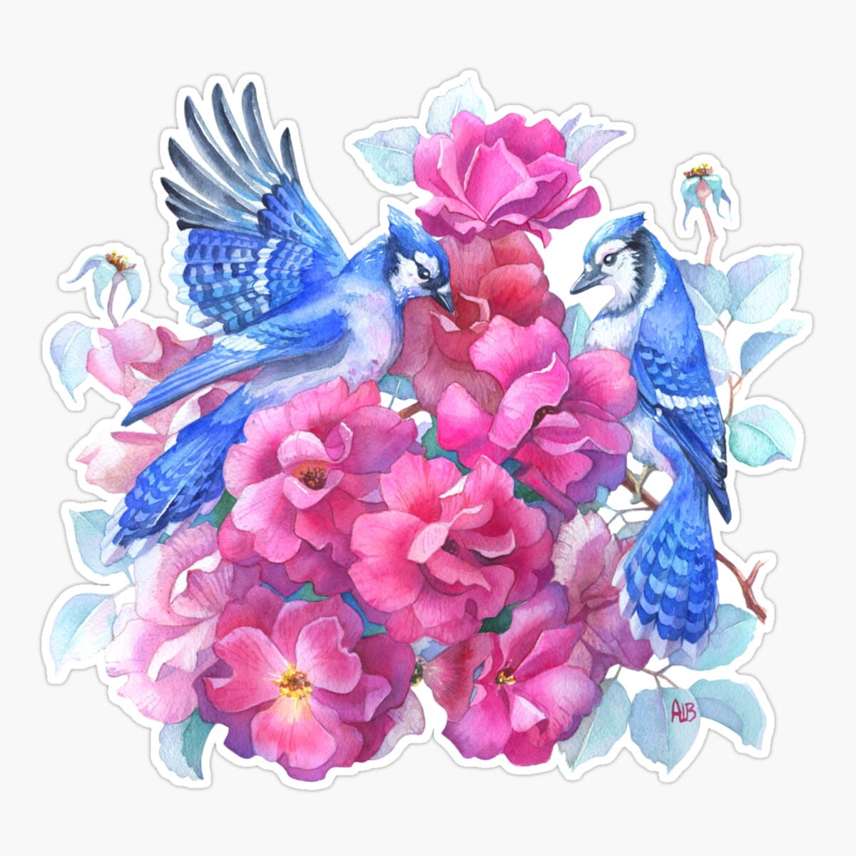 Maneki Roses And Blue Jays Watercolor Sticker, Phone Decal Water Bottle ...