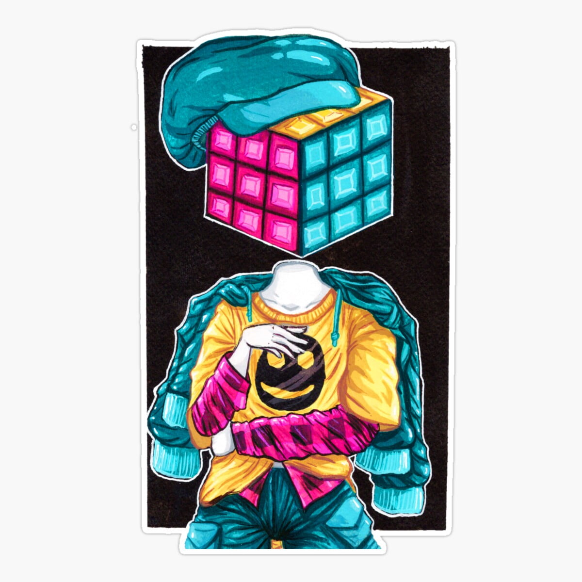 Maneki Rubiks Cube Head Gouache Painting Sticker, Phone Decal Water ...
