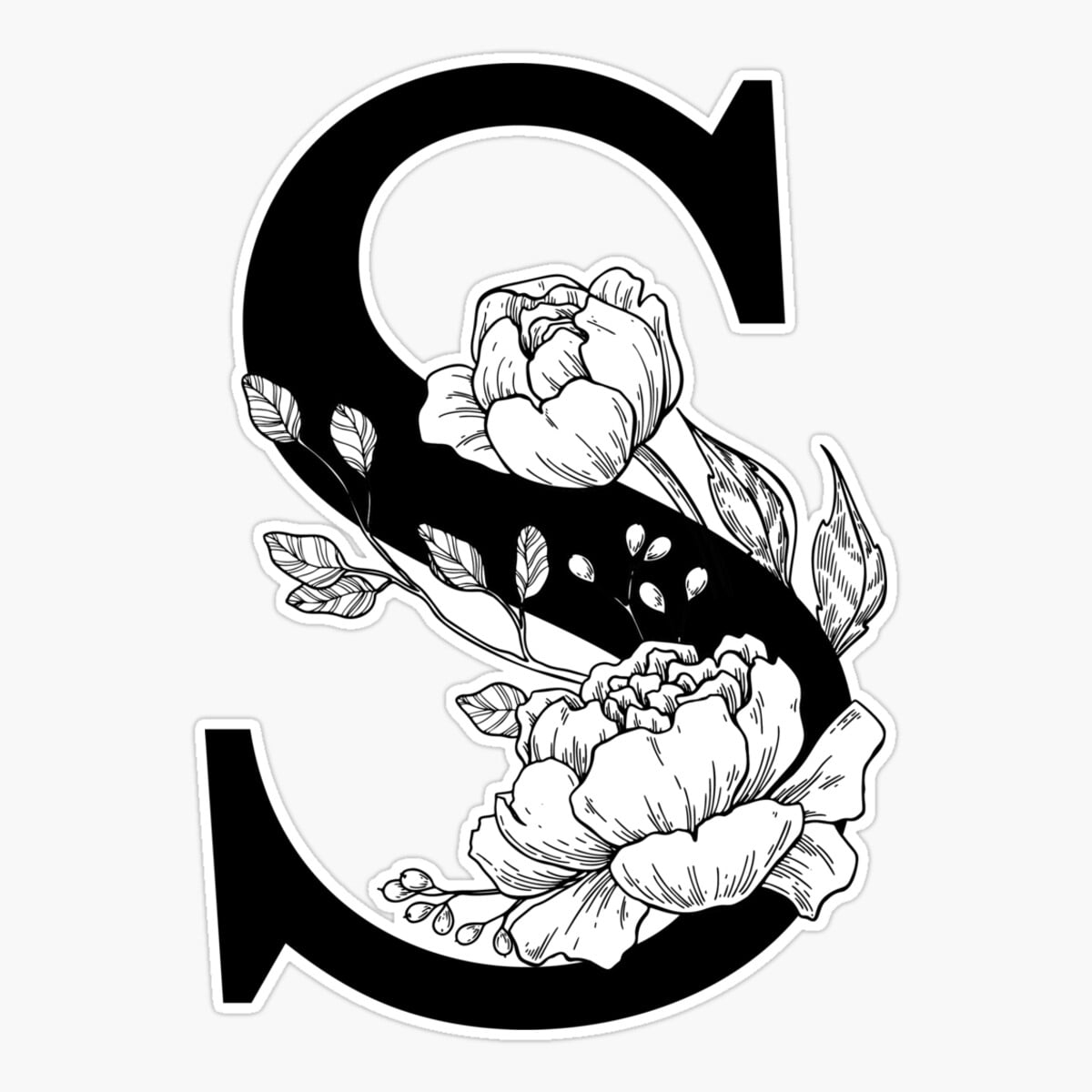Maneki S Botanical Monogram. Detailed Peony Drawing Sticker, Phone ...