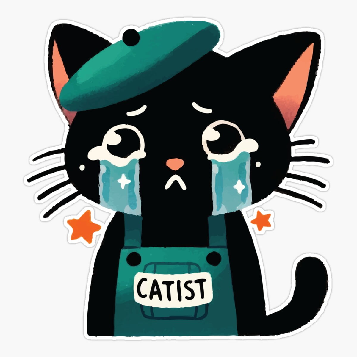 Maneki Sad Catist - Crying Black Cat Art With Beret Sticker, Phone Decal Water Bottle Stickers ...