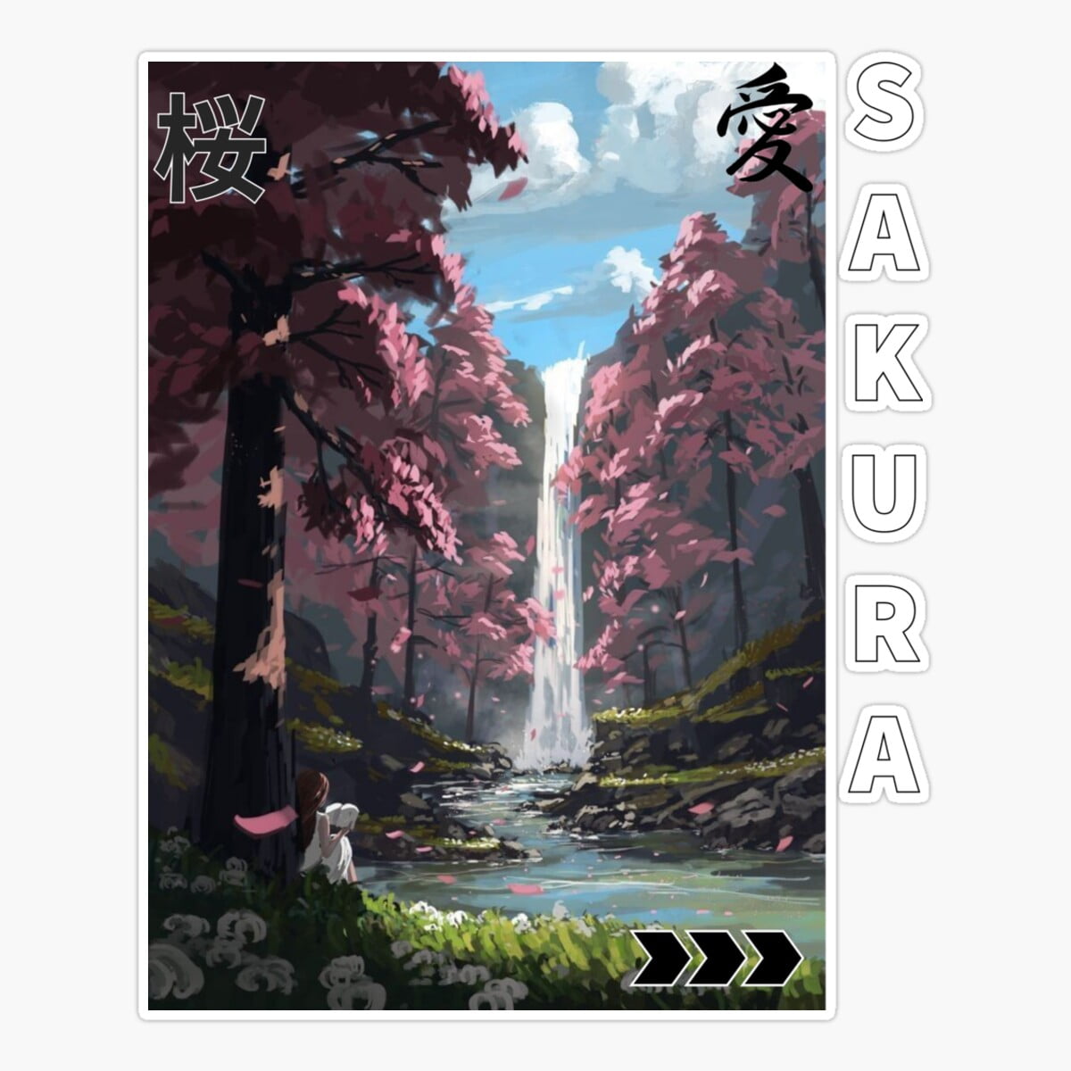 Maneki Sakura Pink Waterfall Japan Sticker, Phone Decal Water Bottle ...