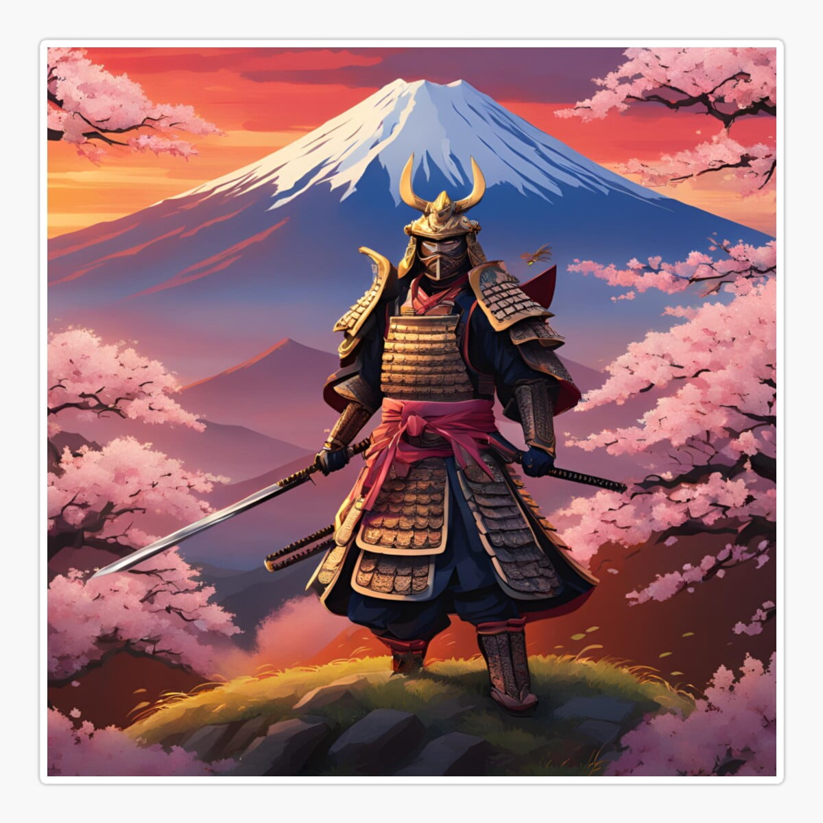 Maneki Samurai And Mount Fuji Sticker, Phone Decal Water Bottle ...