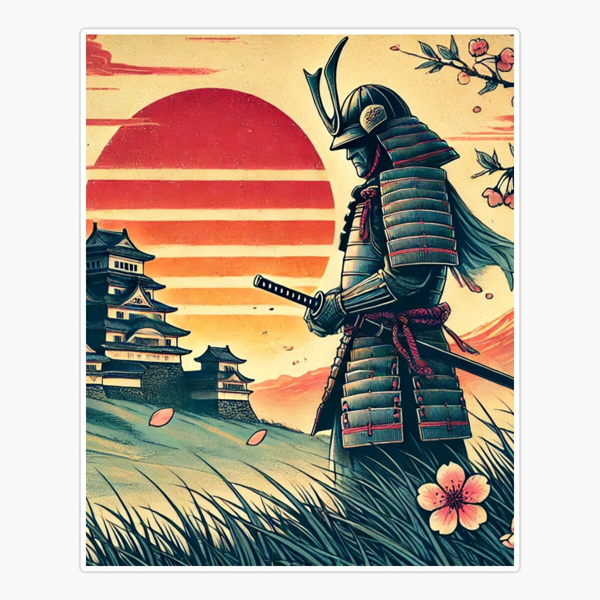 Maneki Samurai And The Rising Sun Sticker, Phone Decal Water Bottle ...