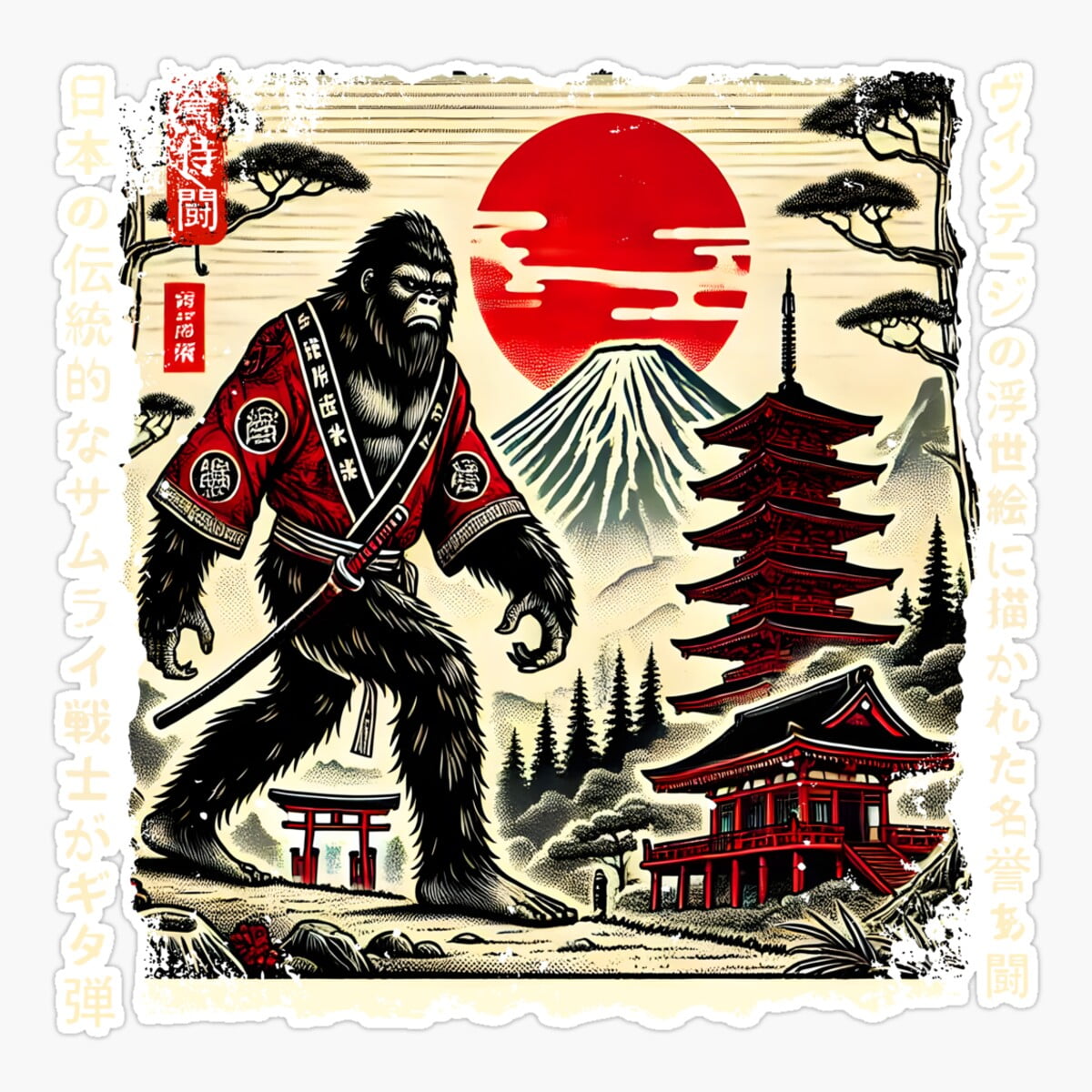Maneki Samurai Bigfoot Japanese Vintage Graphic Ukiyo-E Art Funny ...