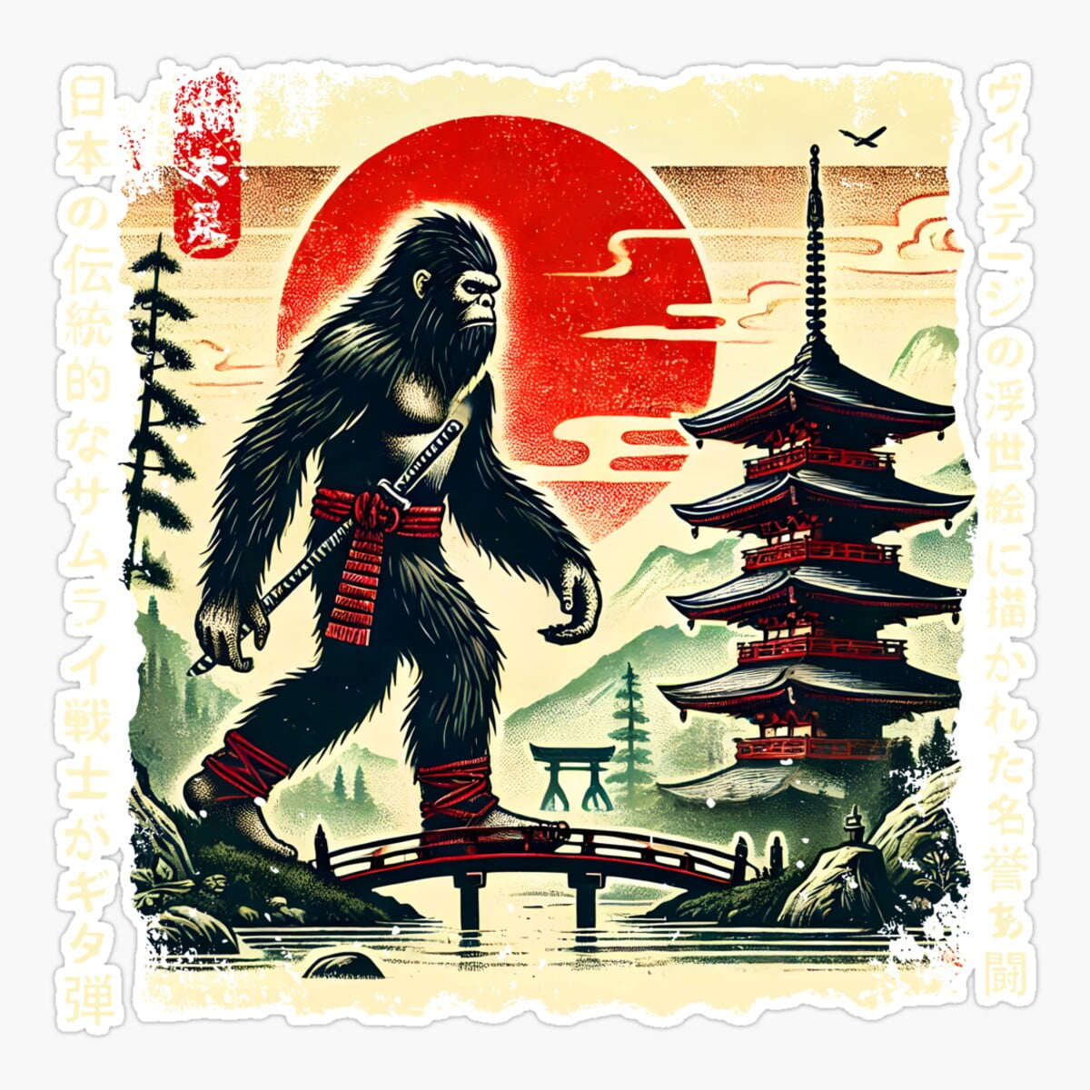 Maneki Samurai Bigfoot Japanese Vintage Graphic Ukiyo-E Art Funny ...