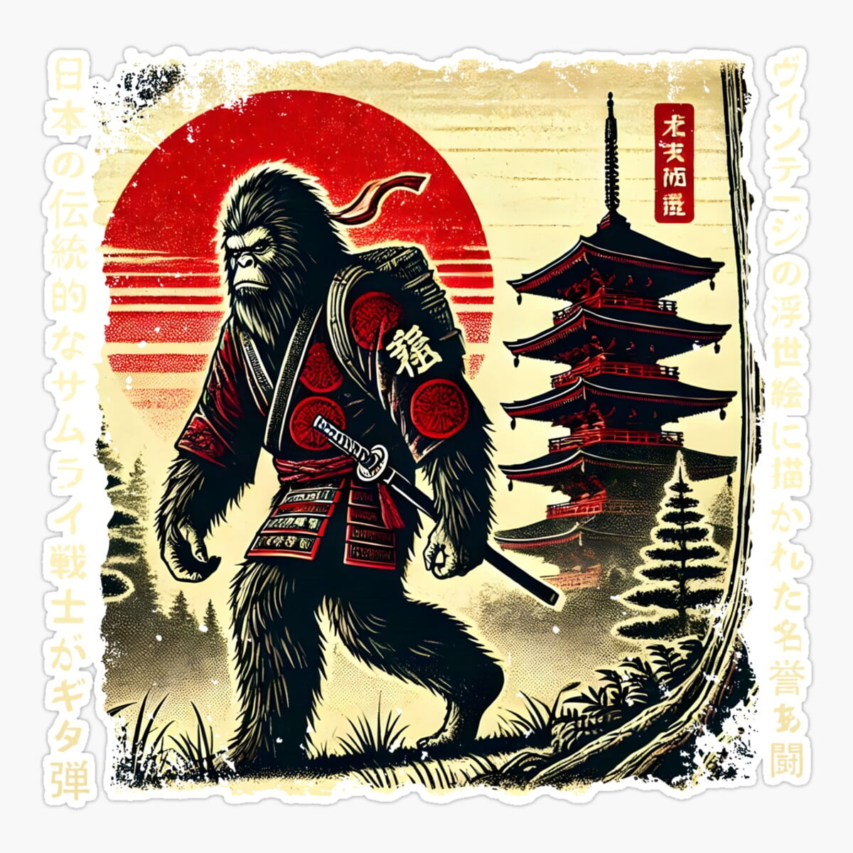 Maneki Samurai Bigfoot Japanese Vintage Graphic Ukiyo-E Art Funny ...
