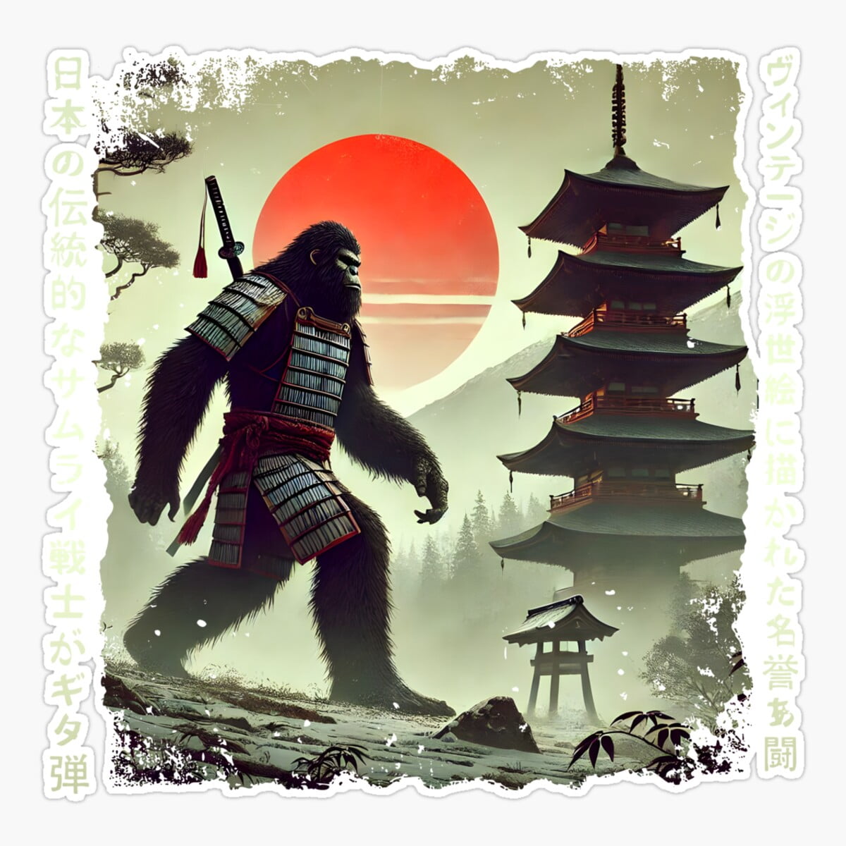 Maneki Samurai Bigfoot Japanese Vintage Graphic Ukiyo-E Art Funny ...