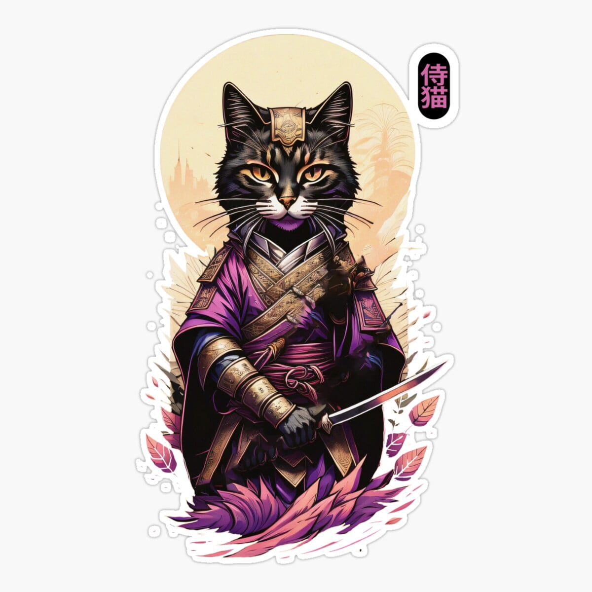 Maneki Samurai Cat Japanese Style Sticker, Phone Decal Water Bottle ...