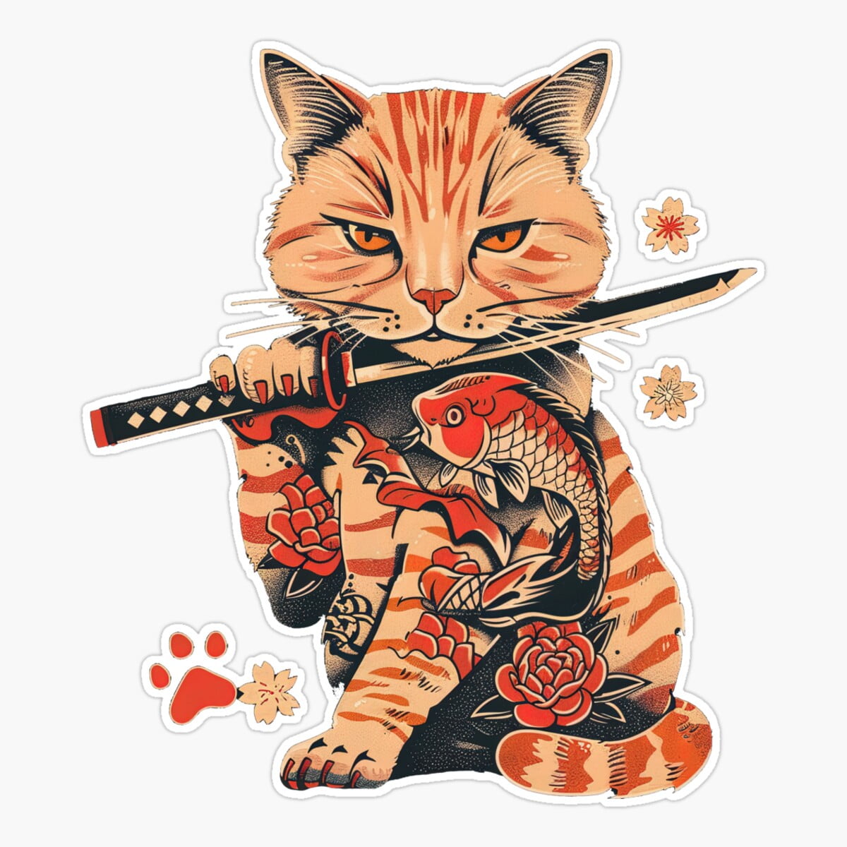 Maneki Samurai Cat Warrior - Japanese Art Sticker, Phone Decal Water ...