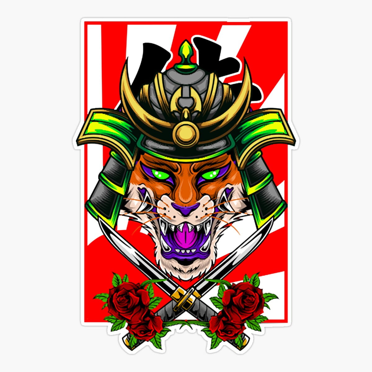 Maneki Samurai Fox Green Kabuto Sticker, Phone Decal Water Bottle ...