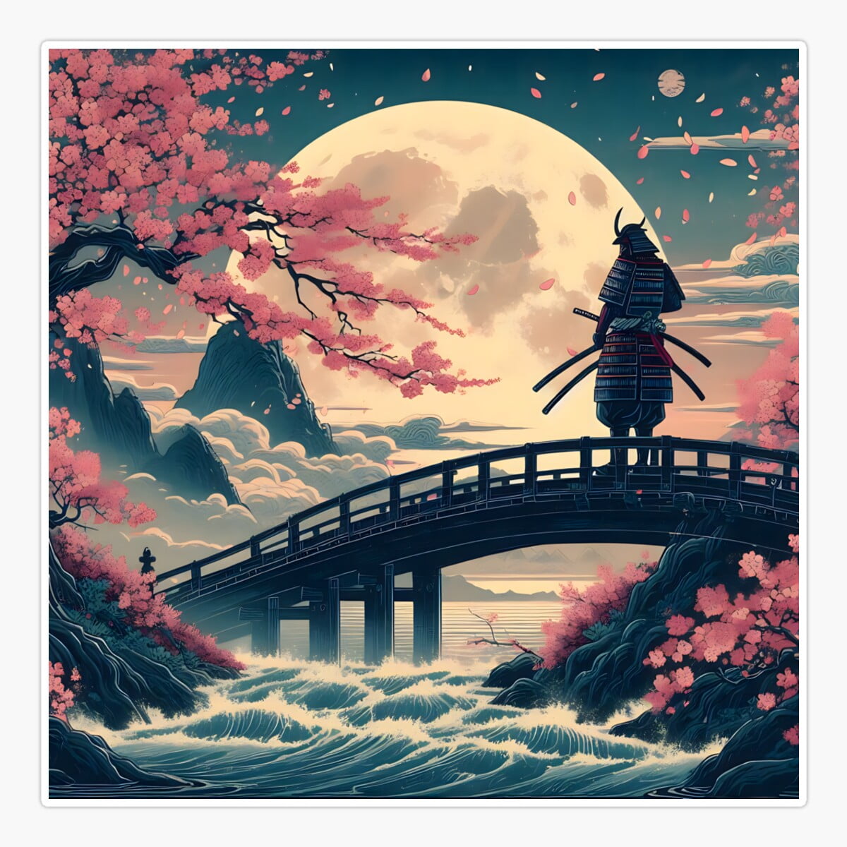 Maneki Samurai In A Moonlit Cherry Blossom Scene - Ukiyo-E Style Art ...